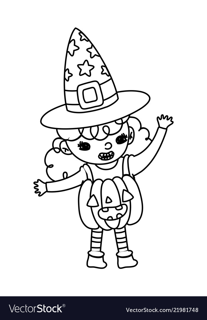 Outline happy girl with pumpkin costume and witch Vector Image
