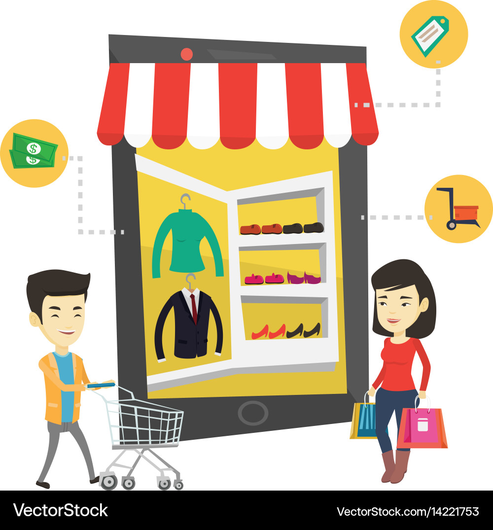 Asian people doing shopping online Royalty Free Vector Image