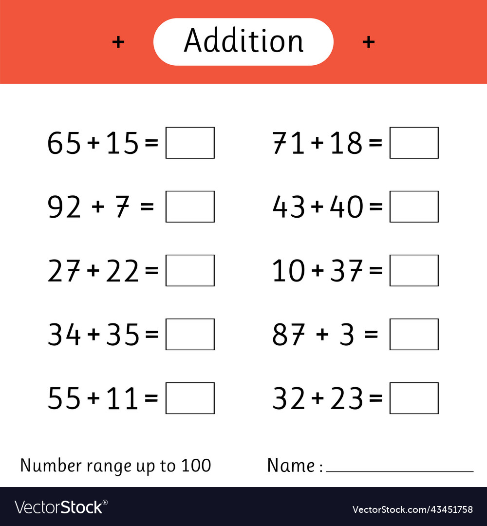 Addition number range up to 100 math worksheet Vector Image
