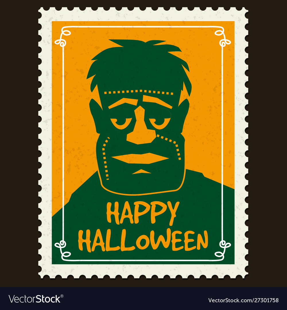 Happy halloween postage stamps with monster zombie