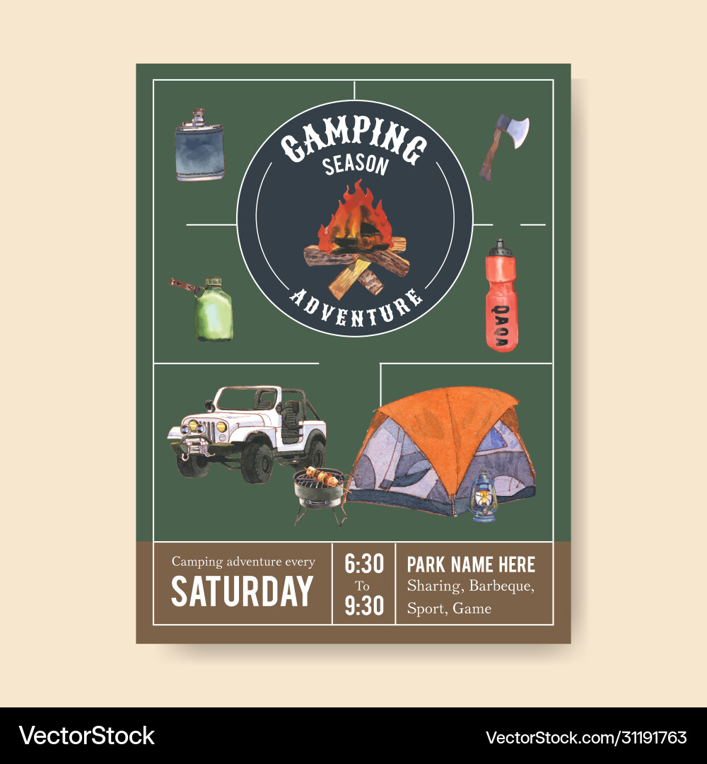 Camping poster design with axe campfire car grill Vector Image