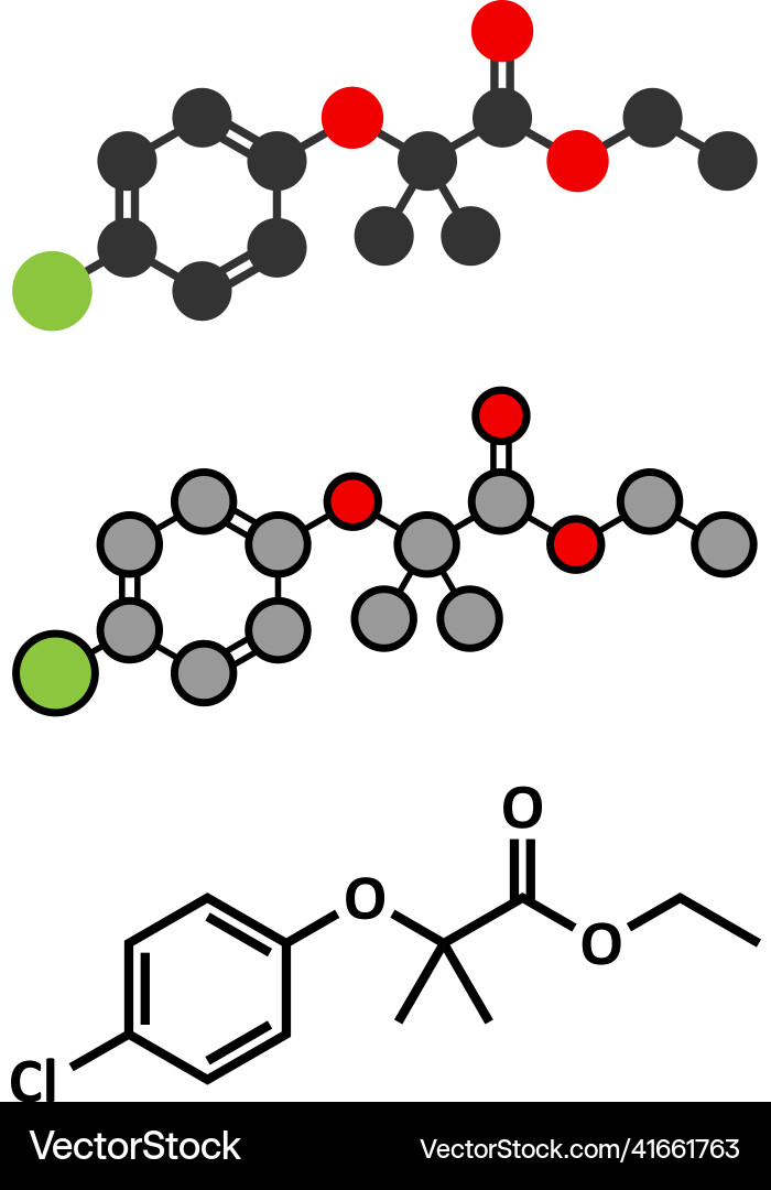 Clofibrate hyperlipidemia drug molecule fibrate Vector Image