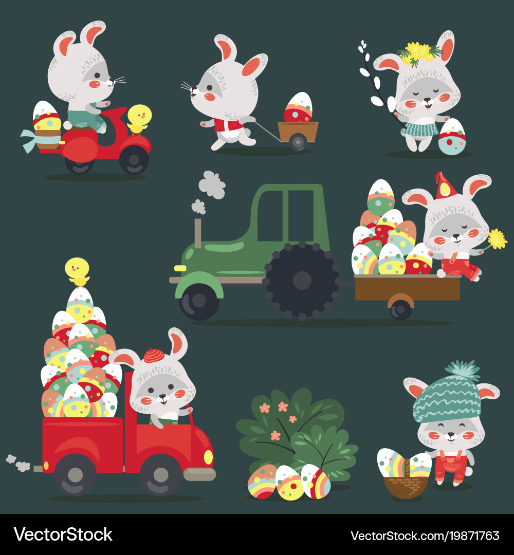 Set easter bunny drive car with truck Royalty Free Vector