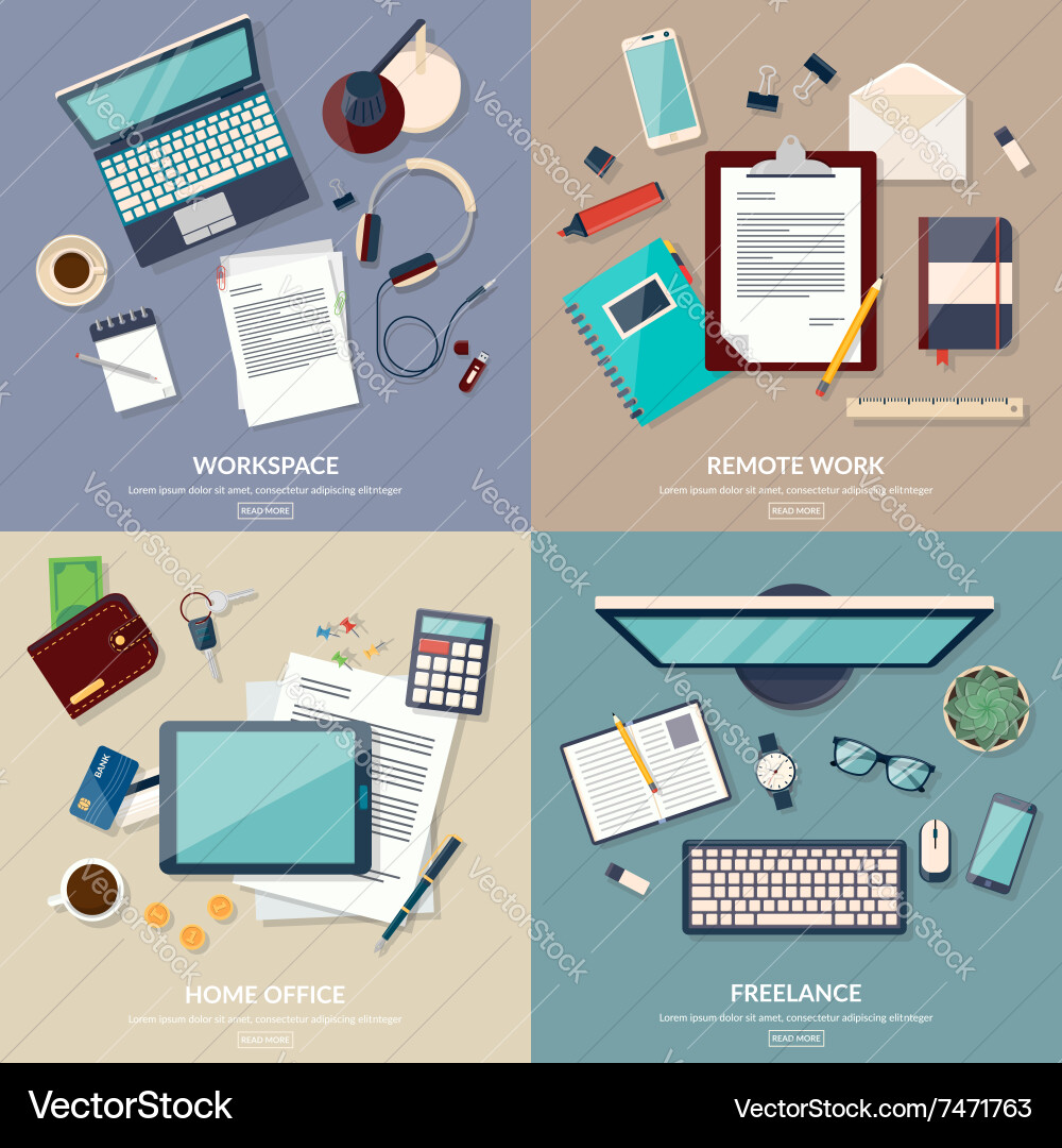 Set of 2x2 banners home workspace flat design Vector Image