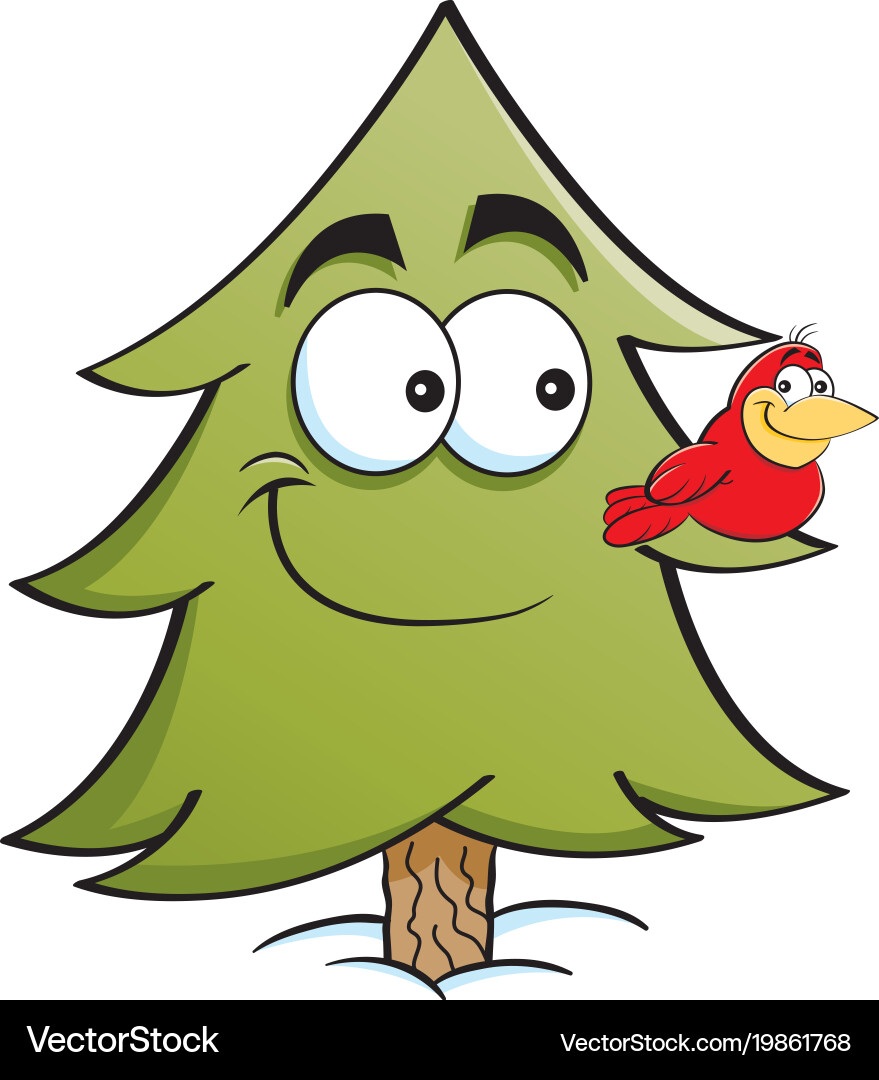 Cartoon pine tree with a bird on branch Royalty Free Vector