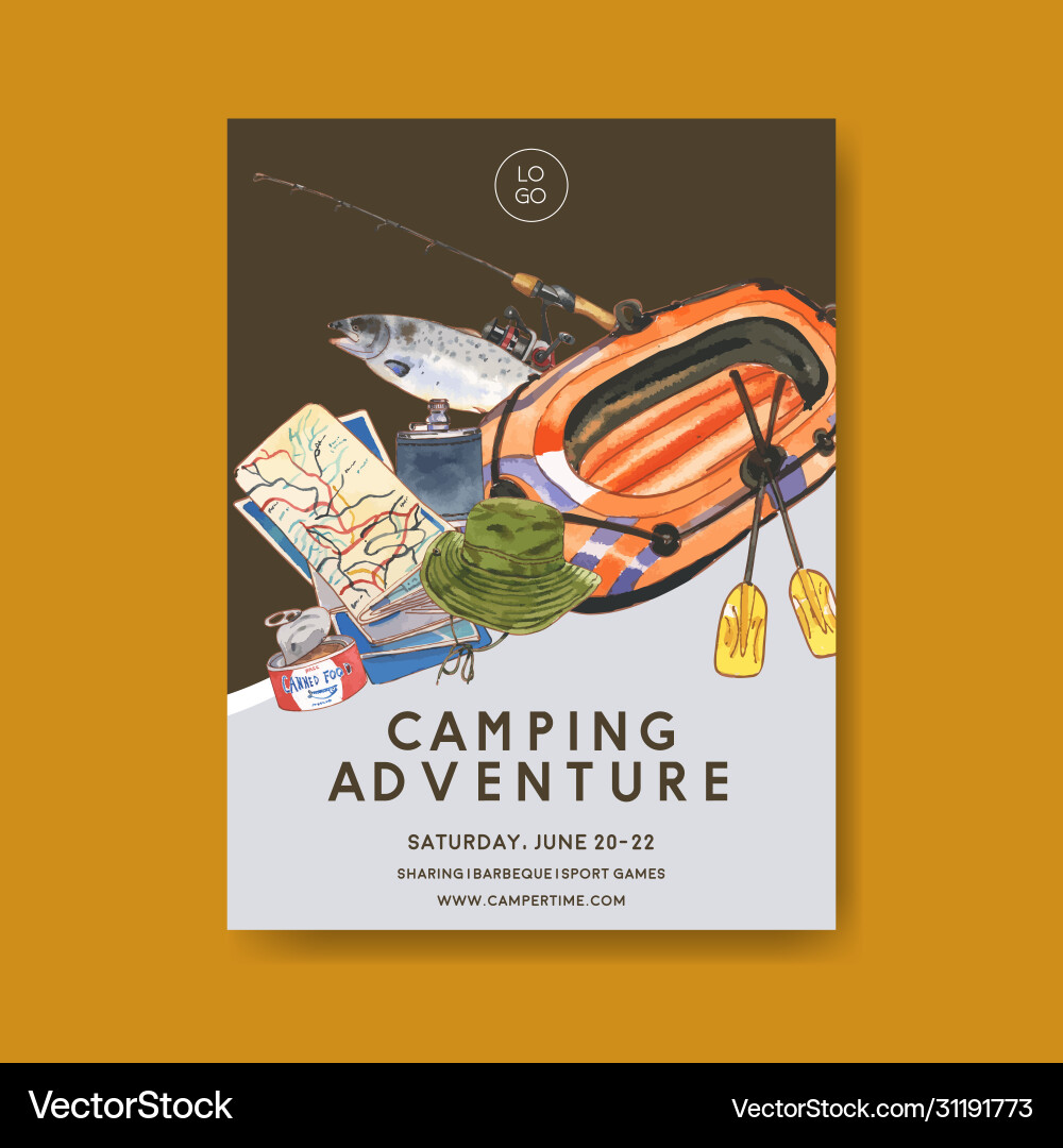 Camping poster design with rod fish boat map Vector Image
