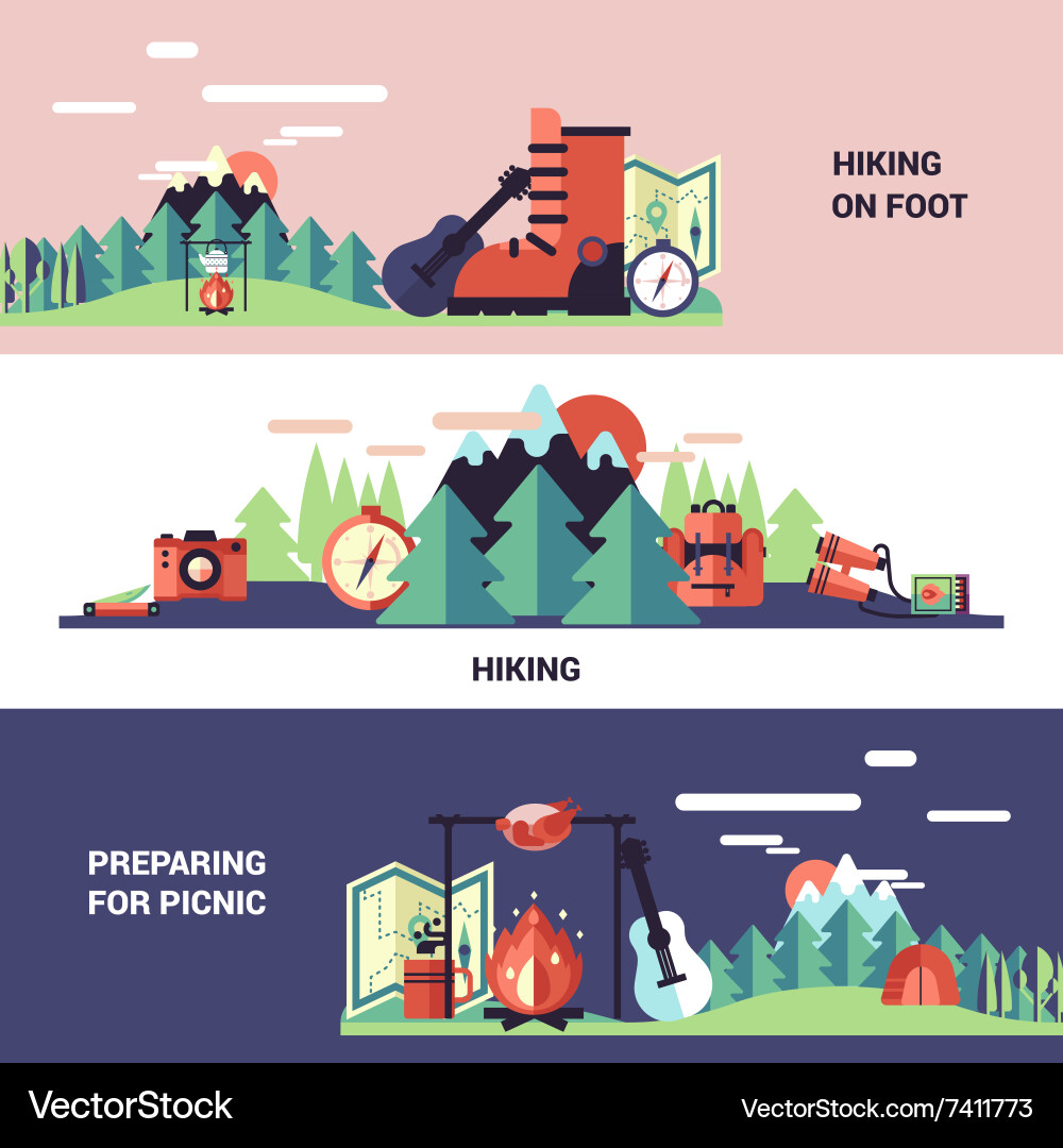 Hiking And Picnic Horizontal Banners Royalty Free Vector