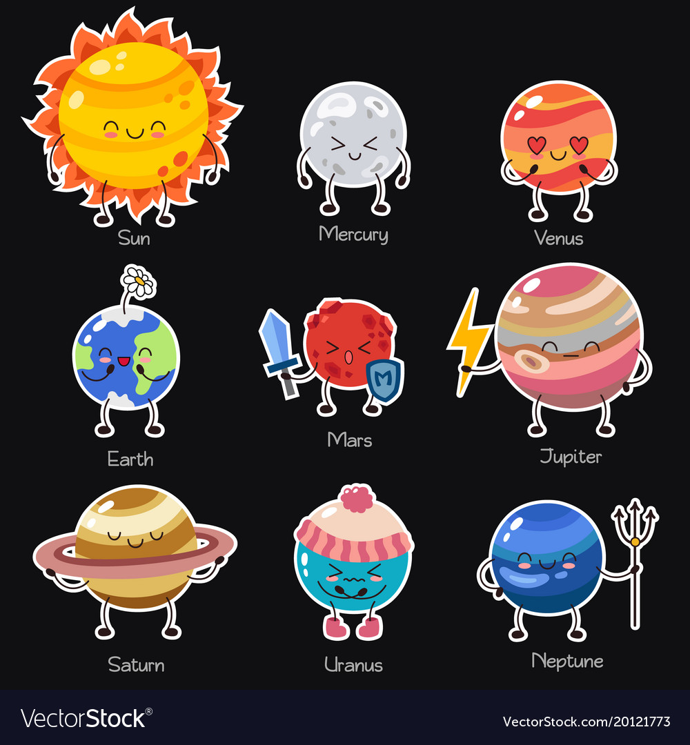 Set of doodle cartoon icons planets of Royalty Free Vector Set of doodle cartoon icons planets of Royalty Free Vector
