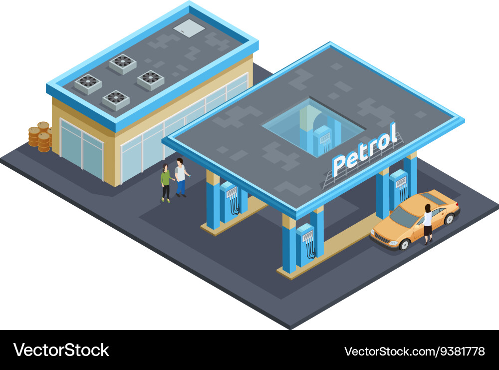 Gas station complex isometric image poster Vector Image