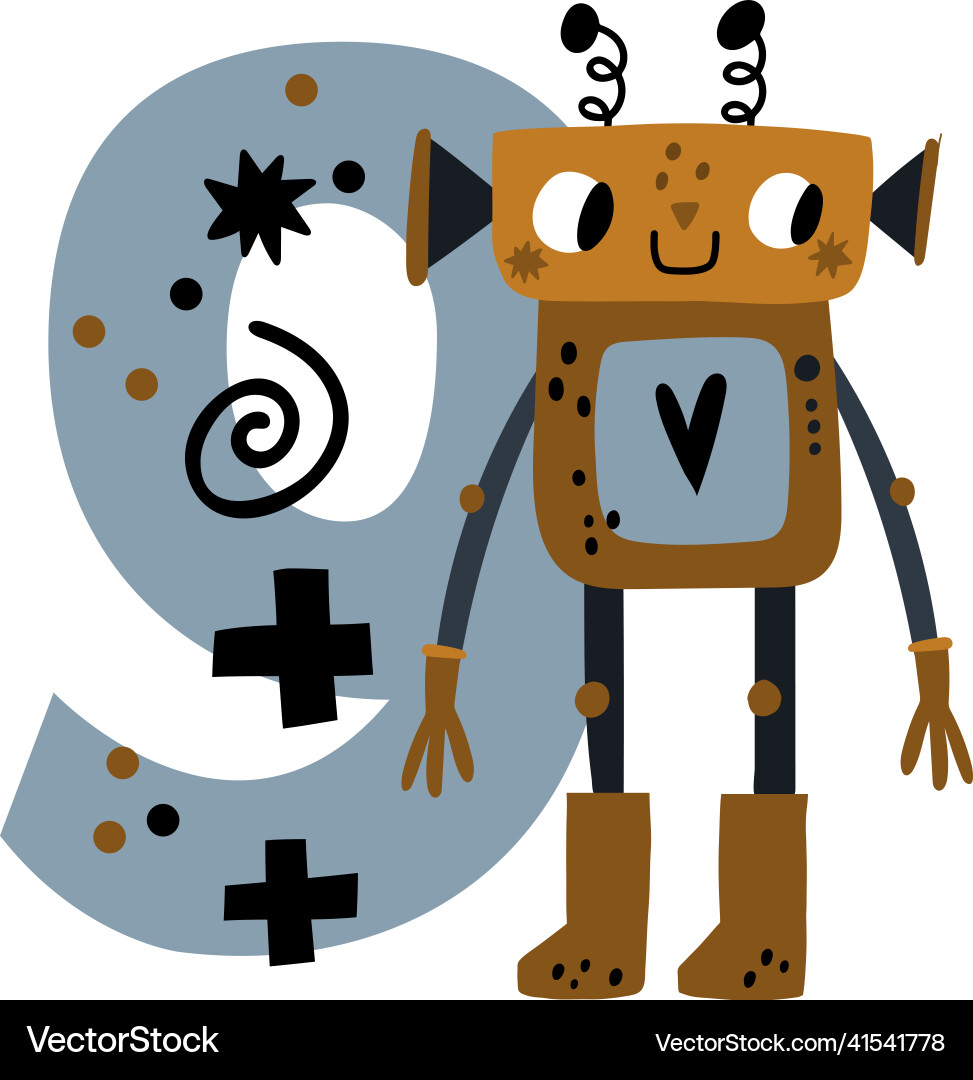 Nine number with cute robot kid anniversary Vector Image