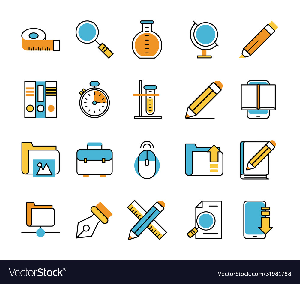 Bundle school supplies set icons Royalty Free Vector Image