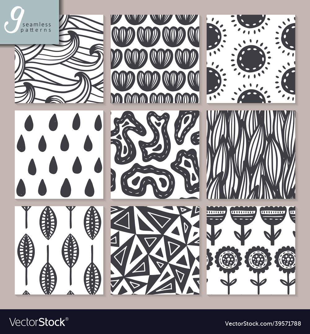 Set of nine hand drawn seamless abstract patterns Vector Image
