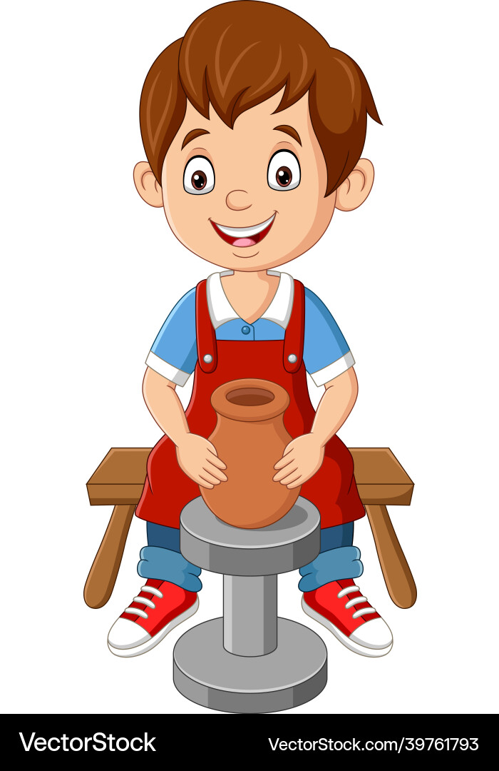 Cute little boy making pottery clay pot Royalty Free Vector