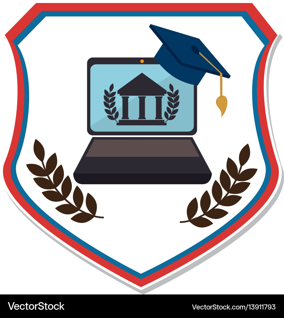 Shield emblem with graduation cap and laptop Vector Image