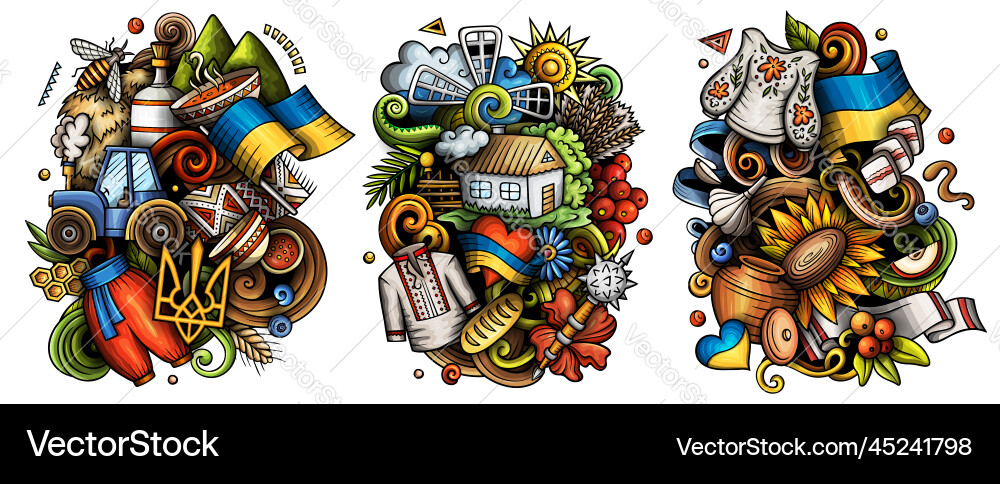 Ukraine cartoon doodle designs set Royalty Free Vector Image