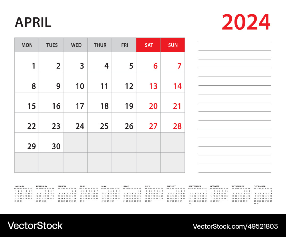 April 2024 year - calendar template week Vector Image
