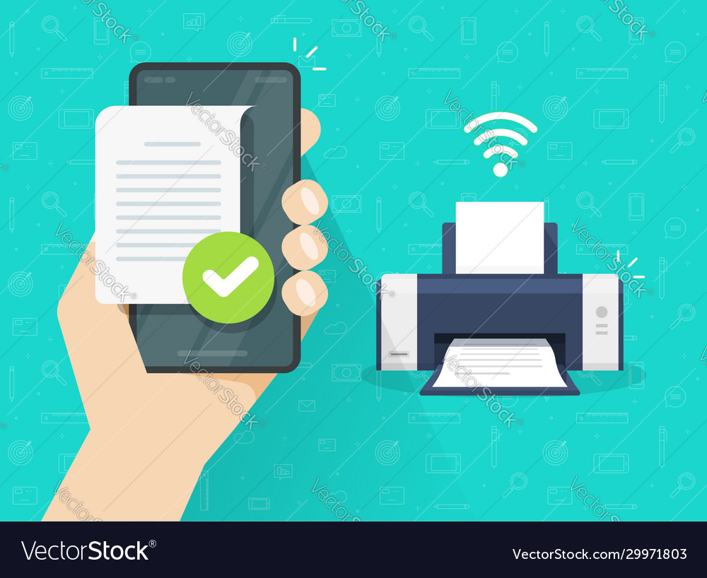 Printer Printing Document Wirelessly From Mobile Vector Image