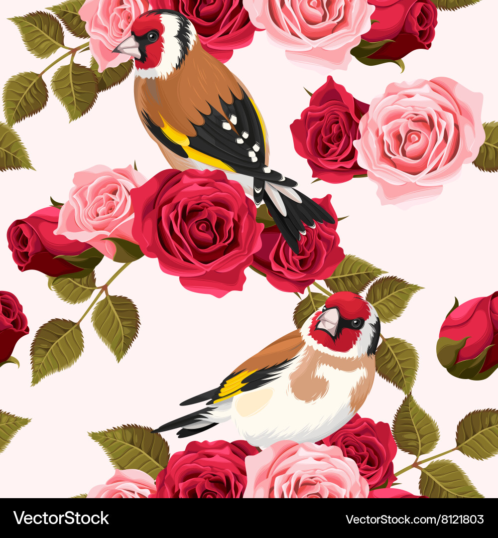 Seamless goldfinch and roses Royalty Free Vector Image