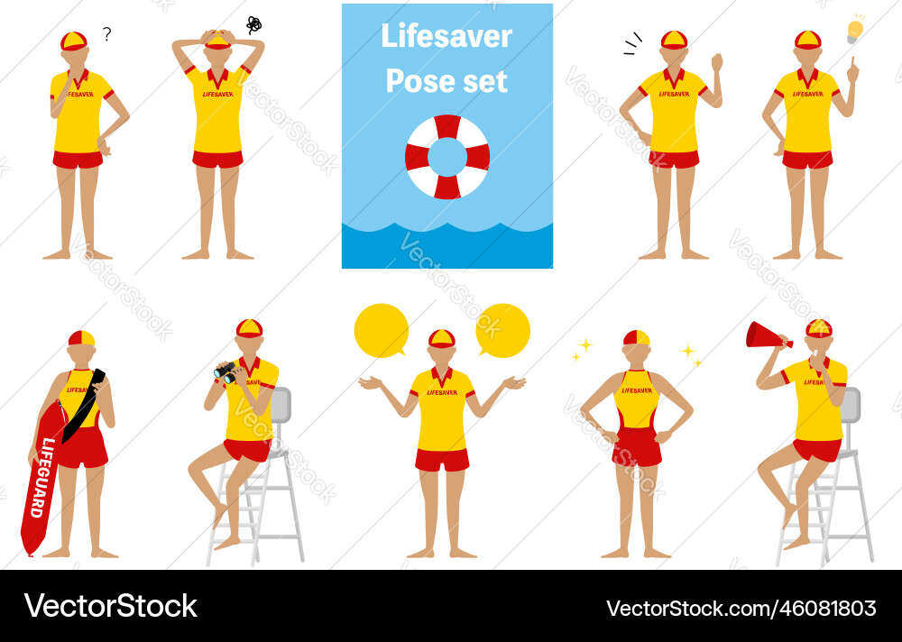 Senior female lifesaver pose set questioning Vector Image