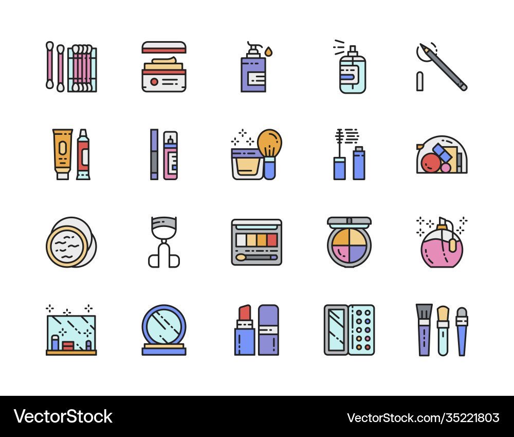 Set cosmetics flat color line icons mirror Vector Image