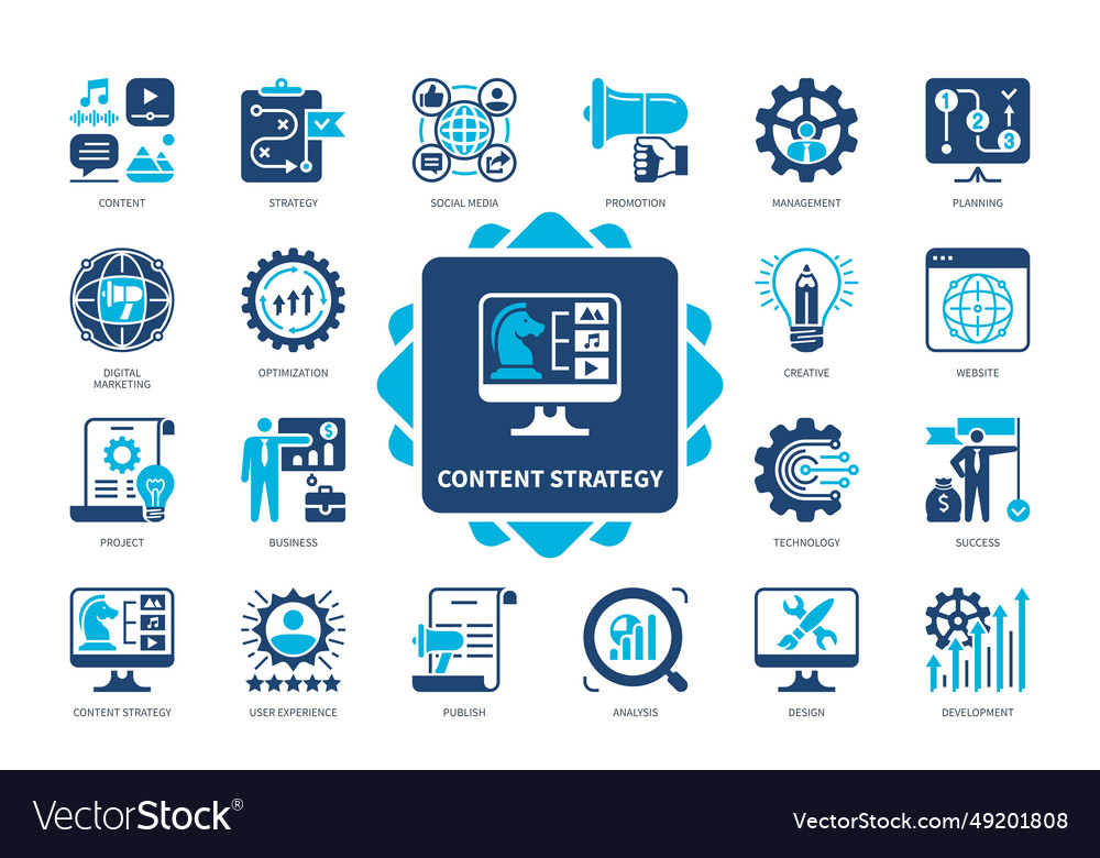 Content strategy solid icon set Royalty Free Vector Image