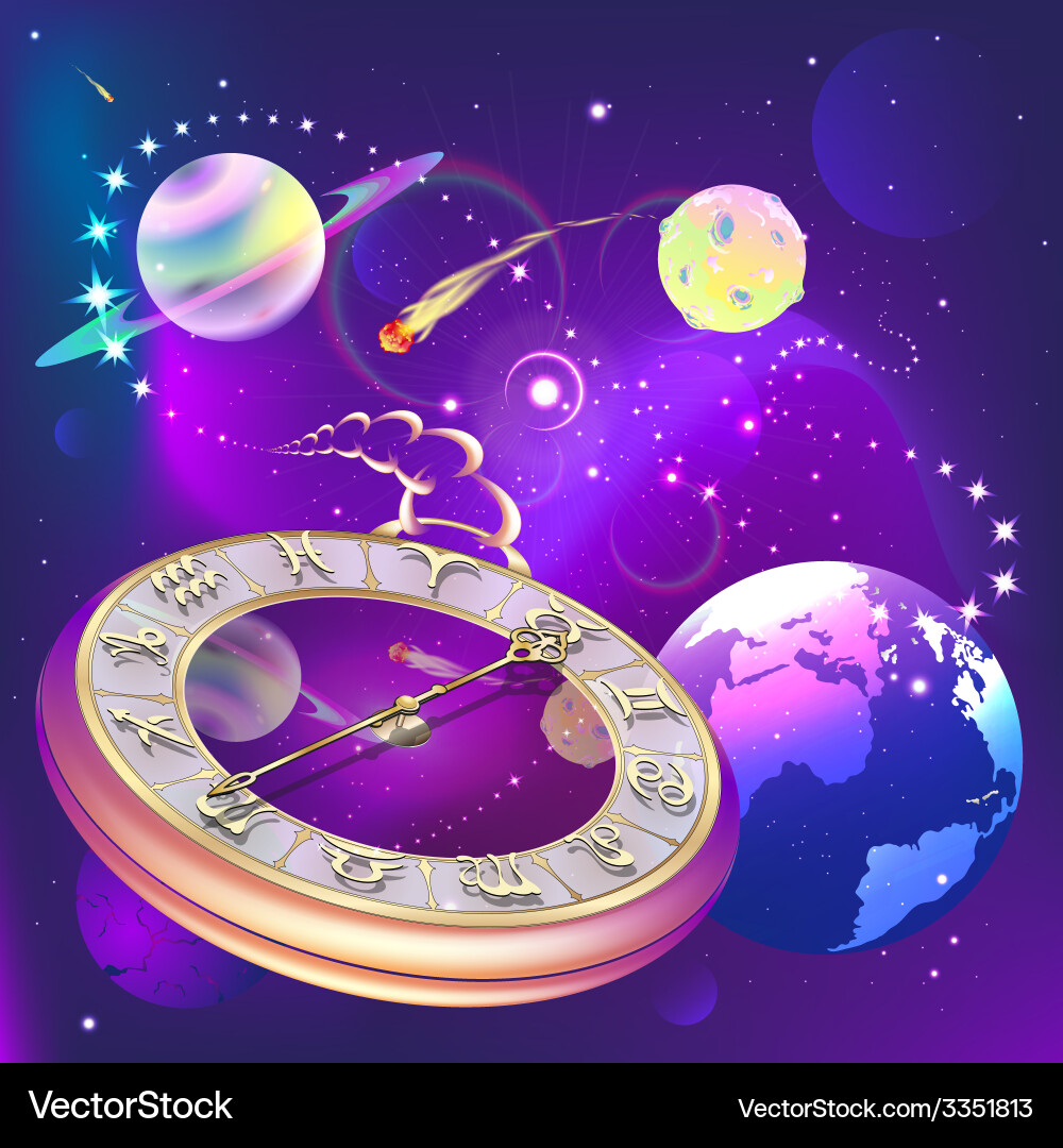 Star background with clock and zodiac signs Vector Image