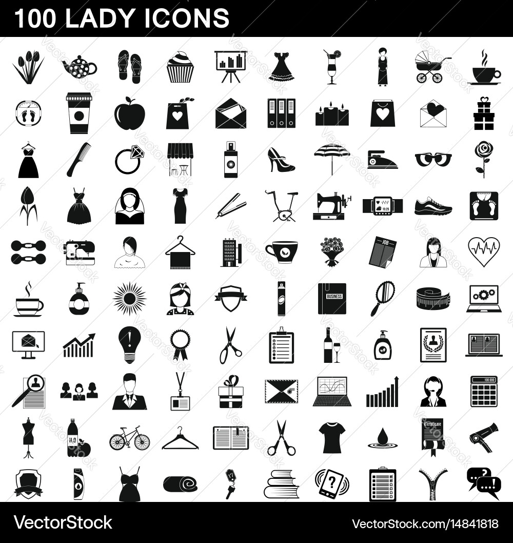 100 lady icons set simple style Royalty Free Vector Image
