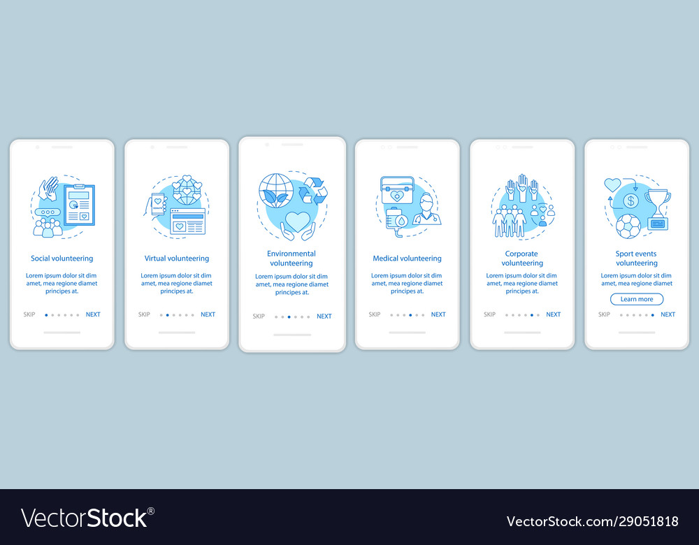 Volunteering types onboarding mobile app page Vector Image