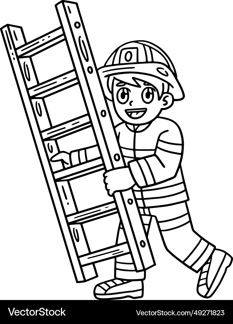 Firefighter with a ladder isolated coloring page Vector Image