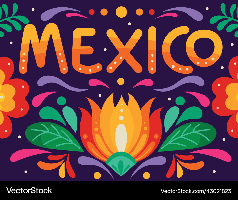 Mexico lettering and flowers Royalty Free Vector Image