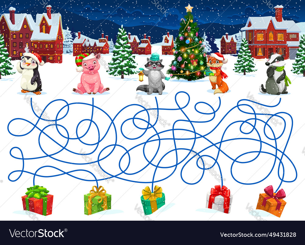 Christmas labyrinth maze help to animals find gift