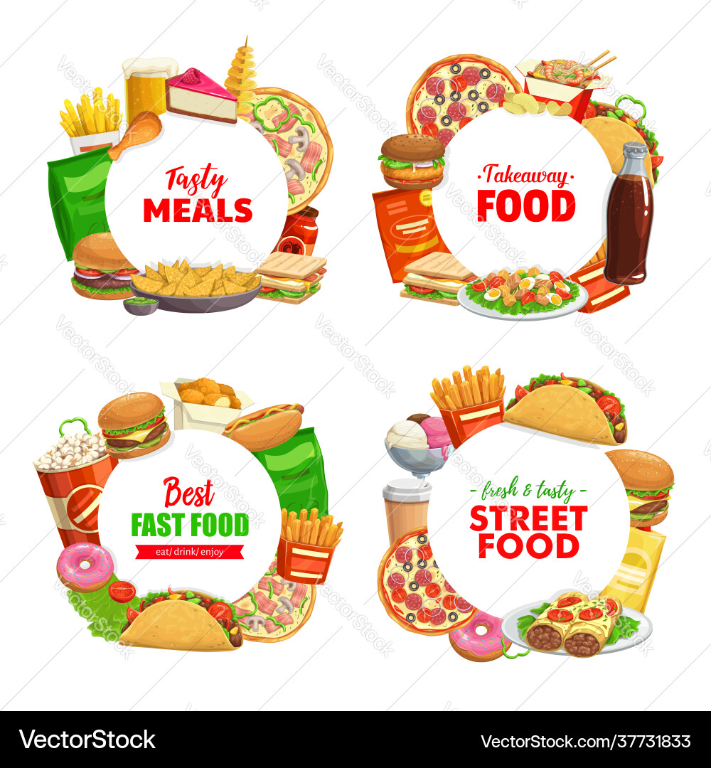 Fast food round banners cartoon frames set Vector Image