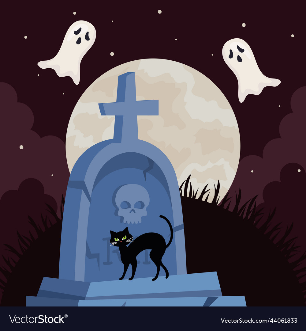 Halloween graveyard and cat Royalty Free Vector Image