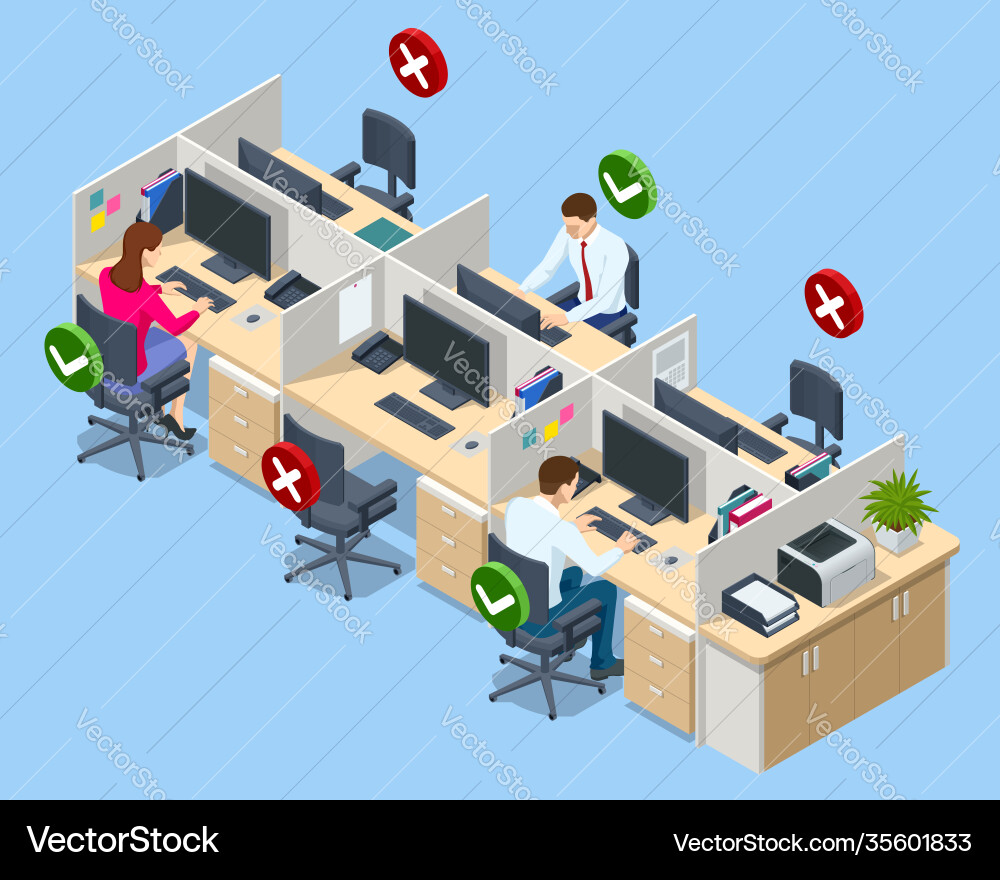 Isometric social distancing poster for meeting Vector Image