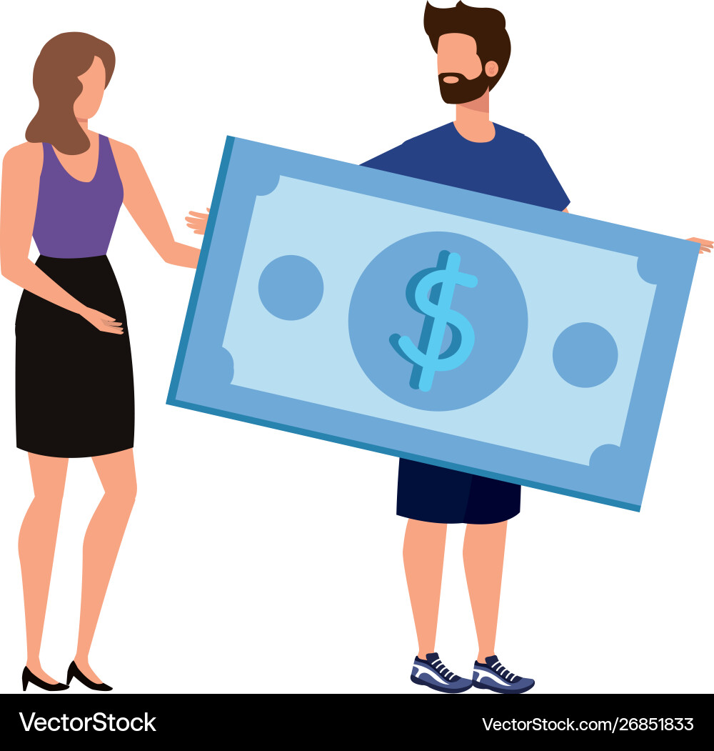Young couple with bills dollars character Vector Image