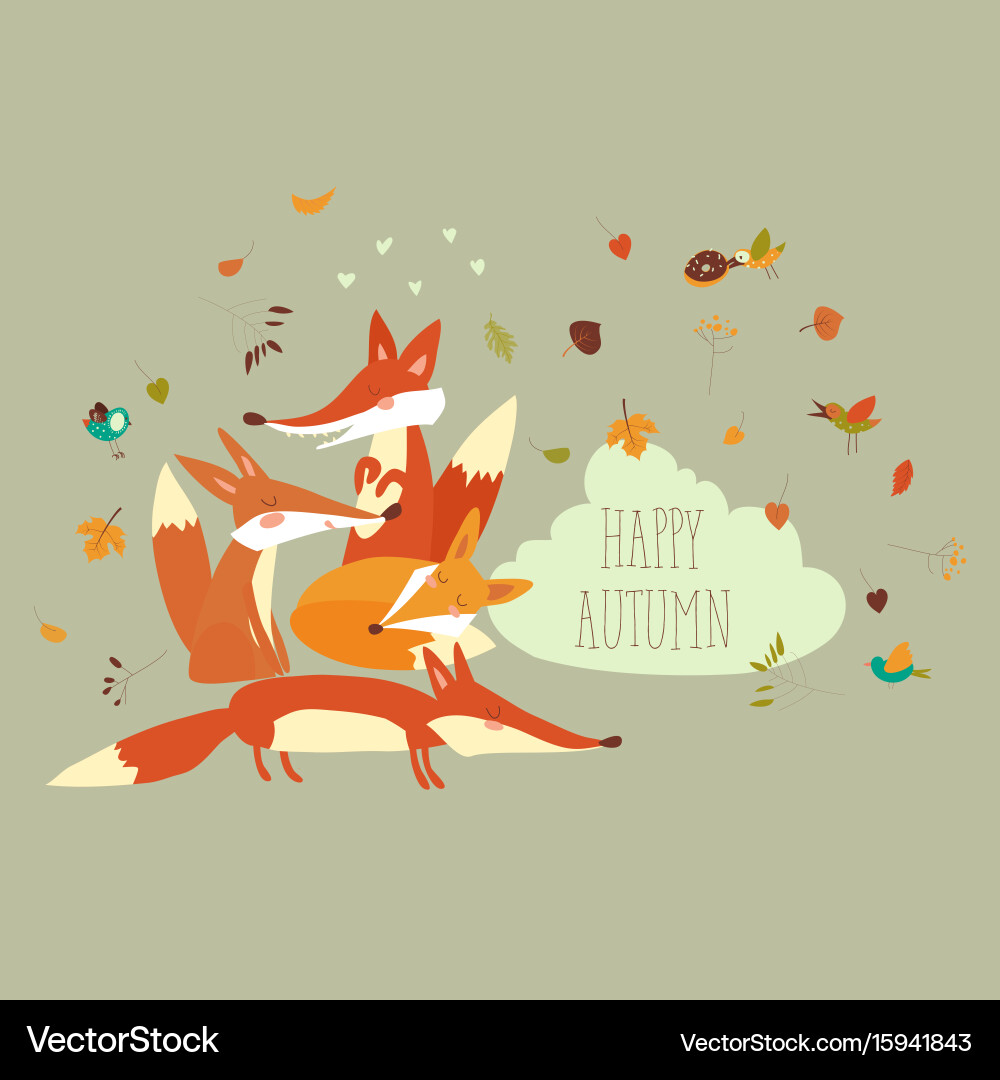Cute forest foxes with autumn leaves Royalty Free Vector