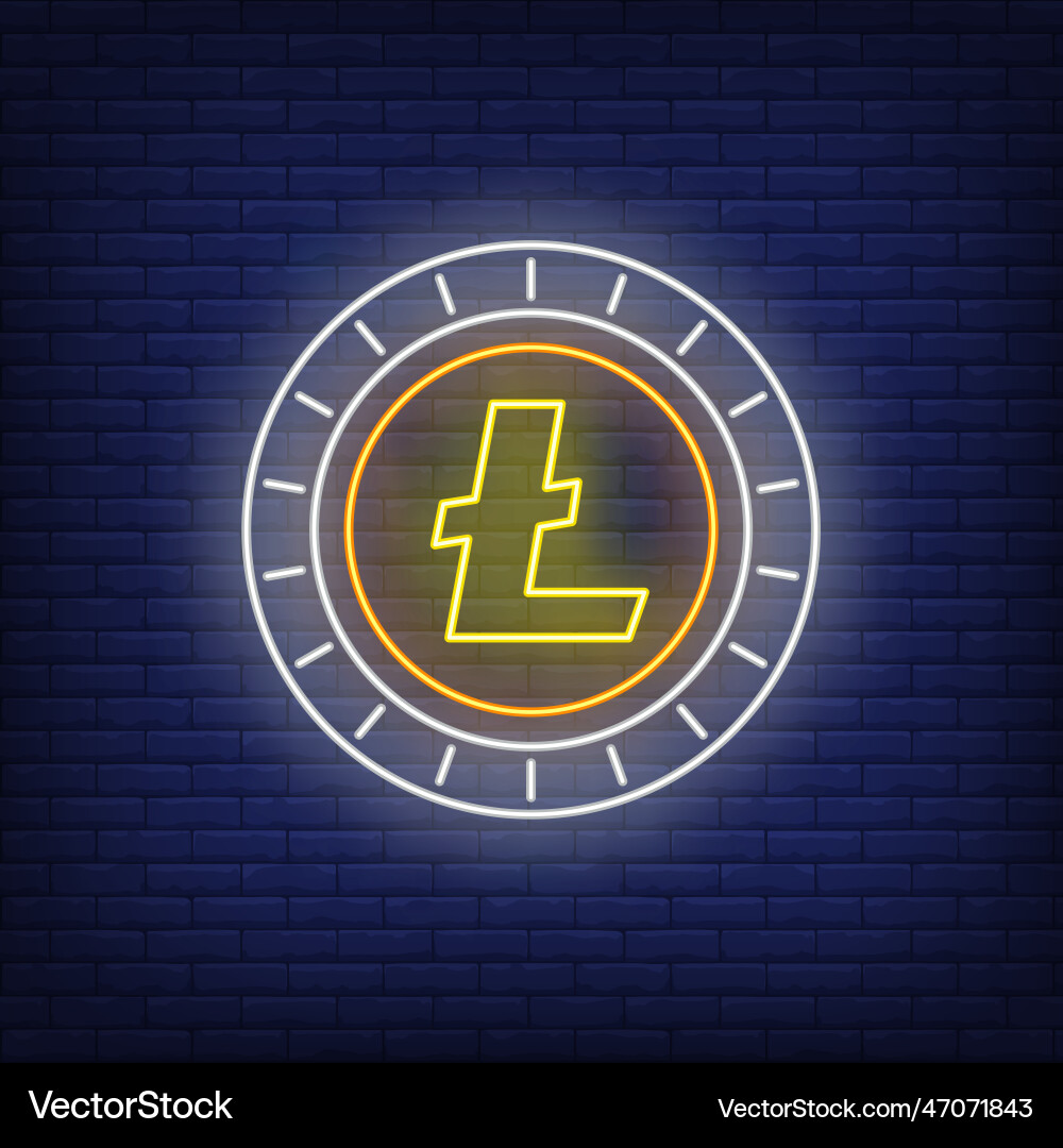 Litecoin cryptocurrency coin neon sign Royalty Free Vector