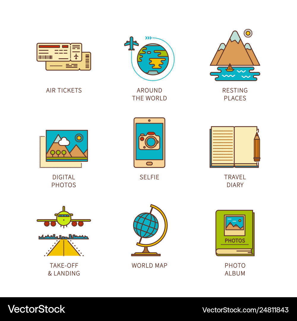 Minimal lineart flat travel icon set Royalty Free Vector