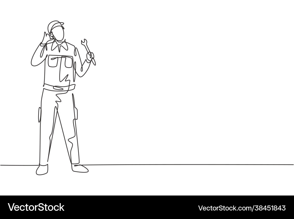 Single one line drawing mechanic stands up Vector Image