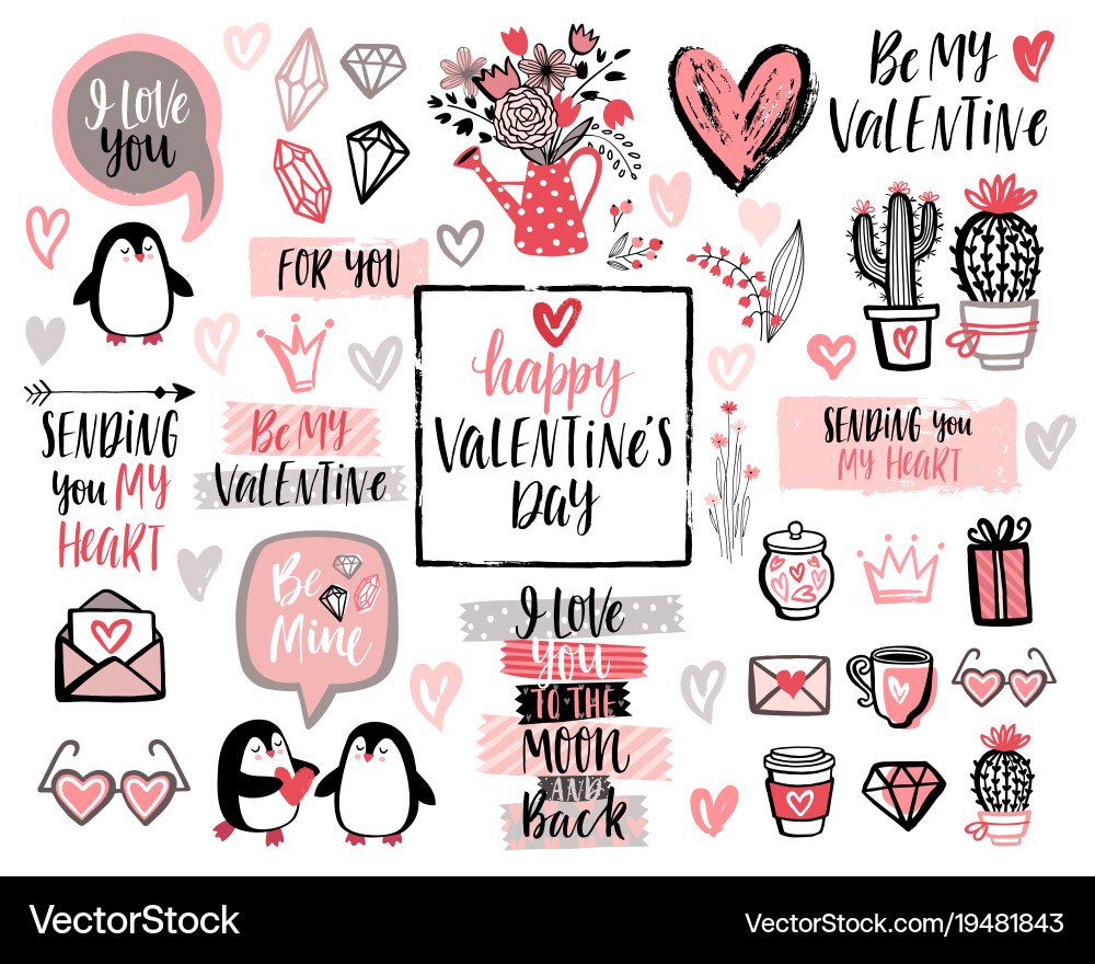 Valentines day lettering design set with hand Vector Image