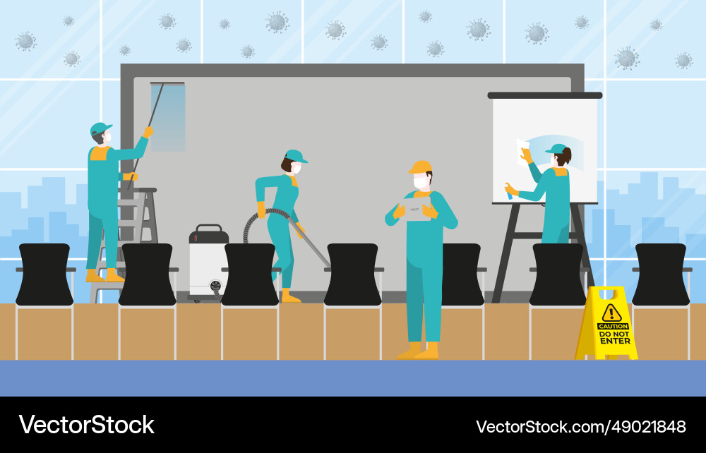Cleaning crew team in conference hall clean Vector Image