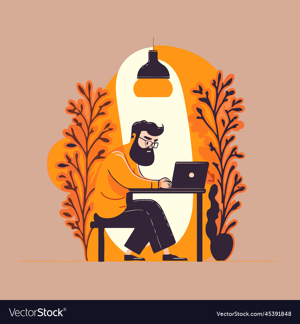 Happy Man Working On Laptop In Hygge Style Vector Image