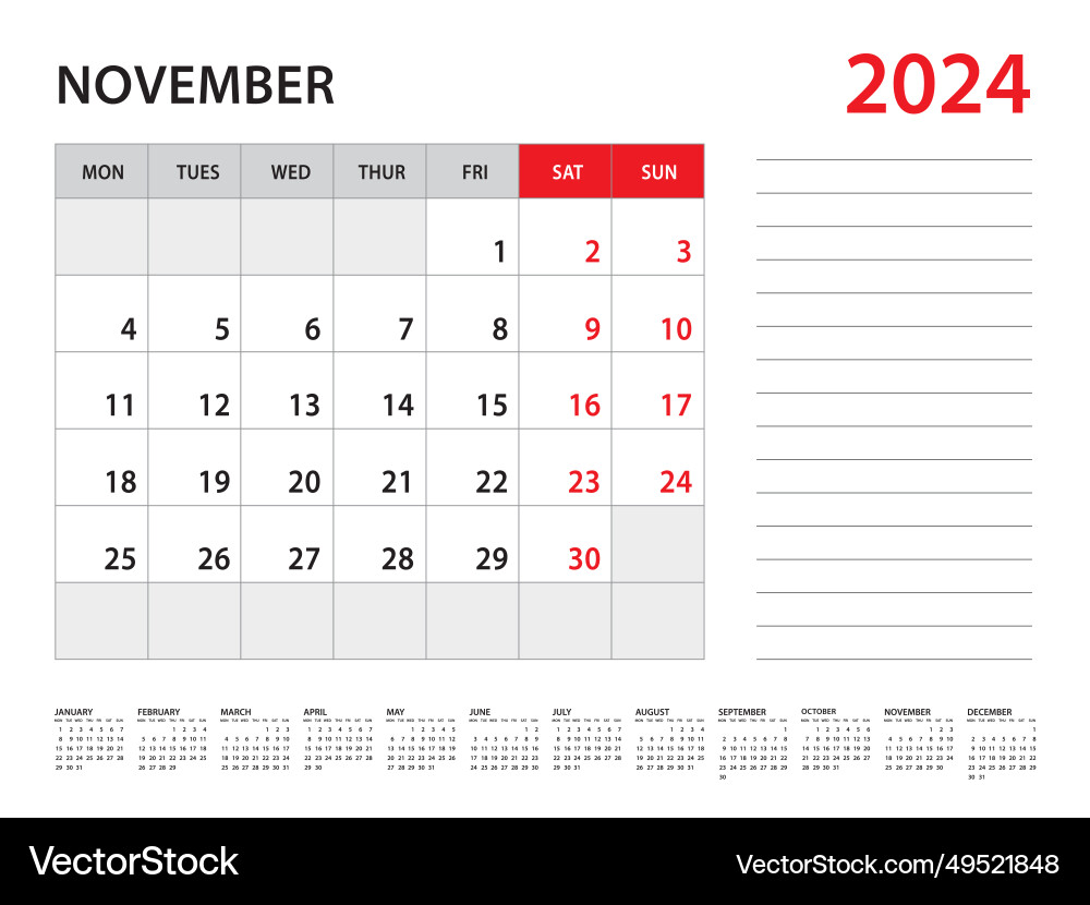 November 2024 year - calendar template week Vector Image
