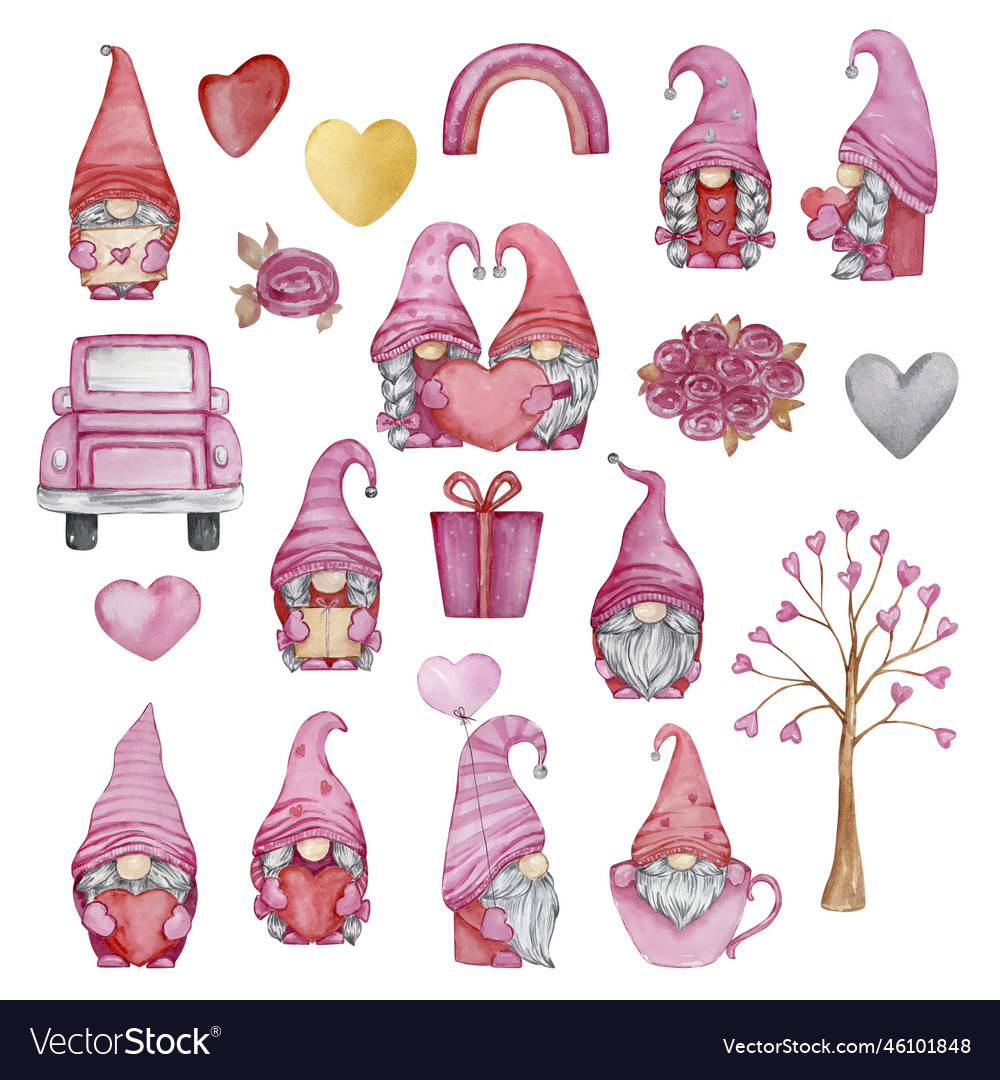 Watercolor set of valentines day gnomes car Vector Image