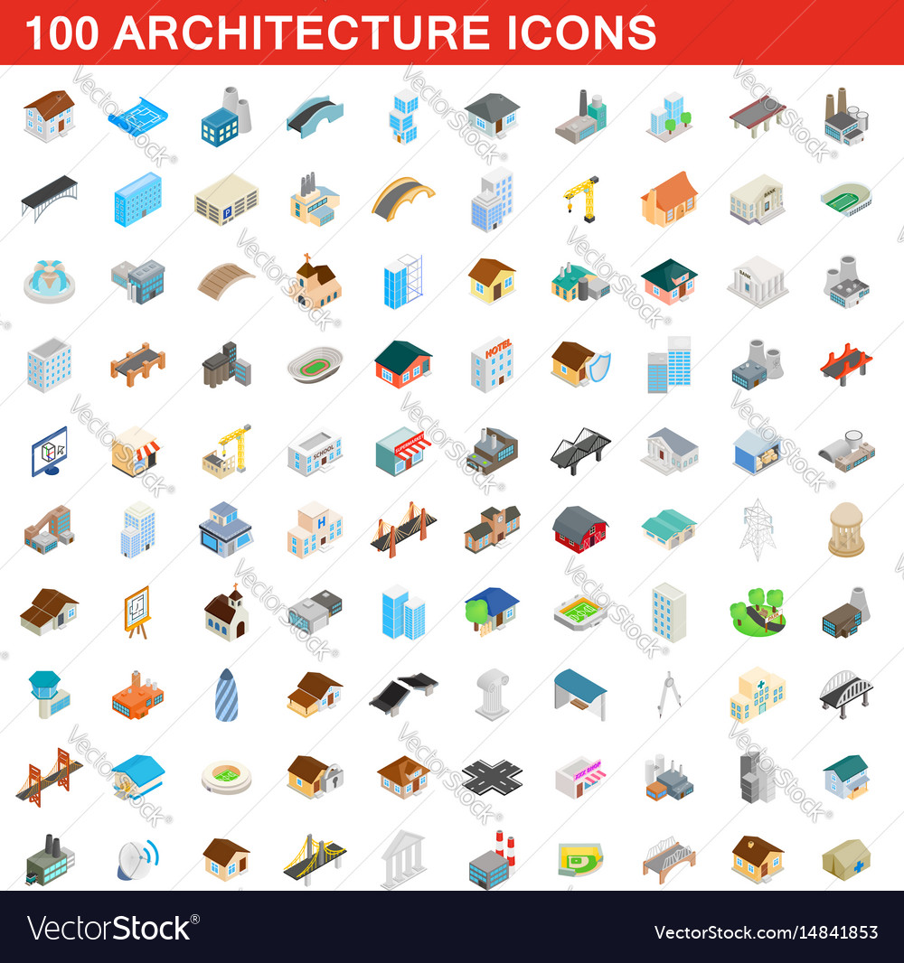 100 architecture icons set isometric 3d style Vector Image