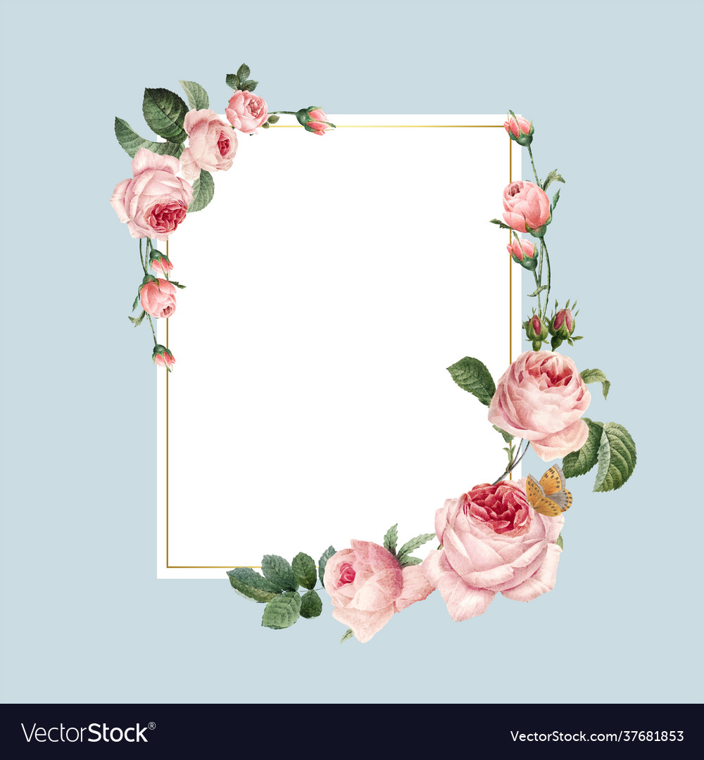 Blank rectangle pink roses frame on blue Vector Image