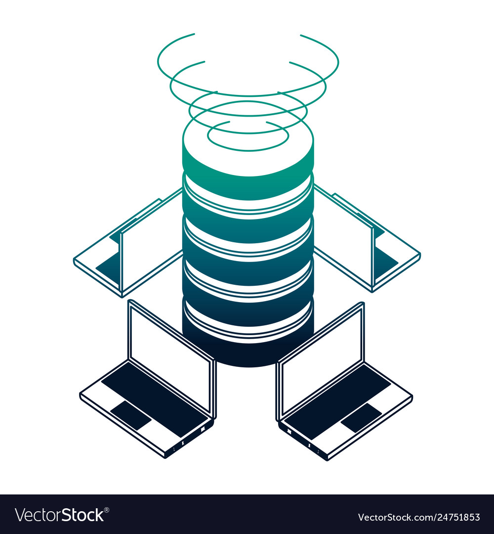 Data center disks with laptops computers isometric