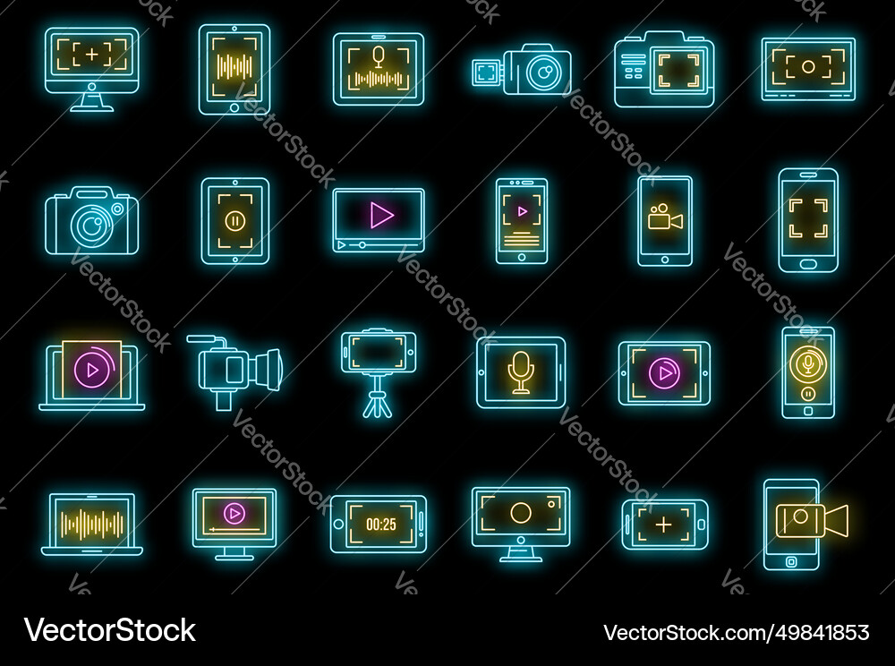 Digital screen recording icons set neon Royalty Free Vector