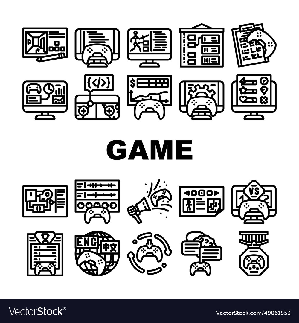 Game development software icons set Royalty Free Vector Game development software icons set Royalty Free Vector