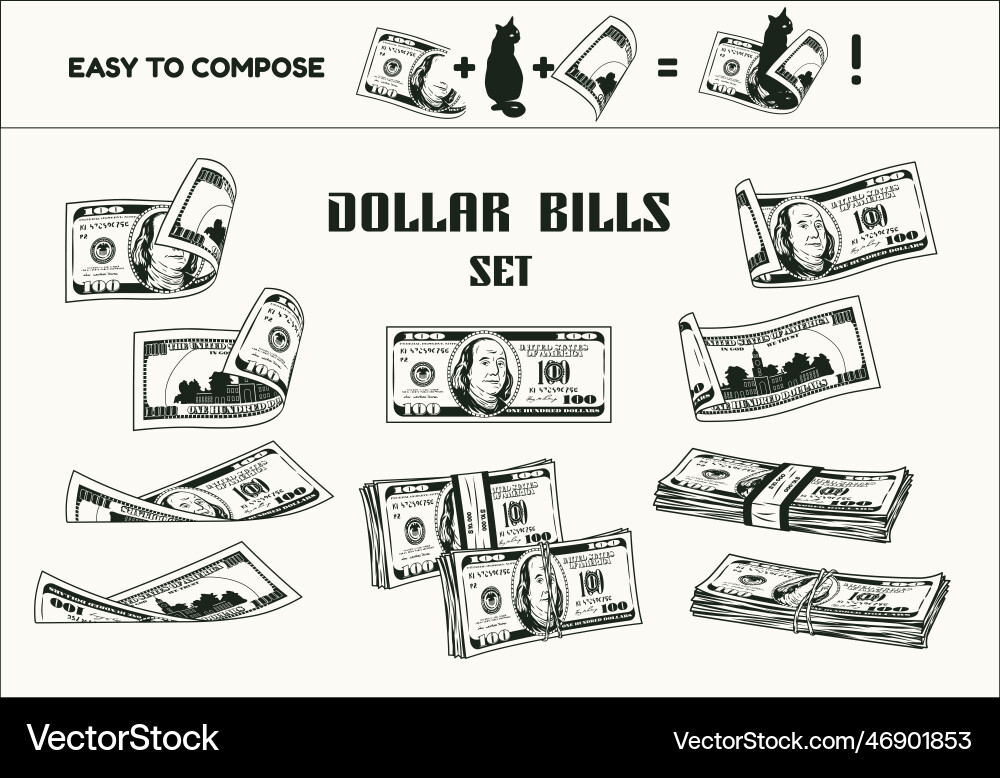 Set of 100 dollar bills with obverse reverse side Vector Image